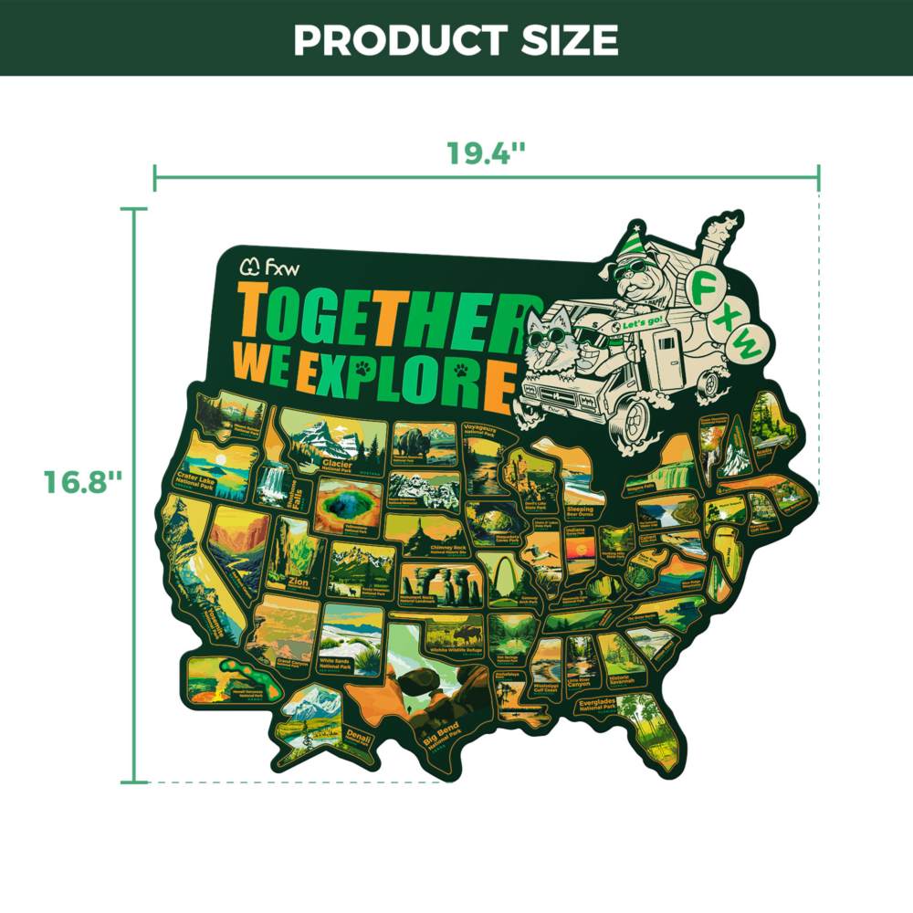 FXW RV State Sticker Travel Map - 50 USA State Decals with Scenic Illu